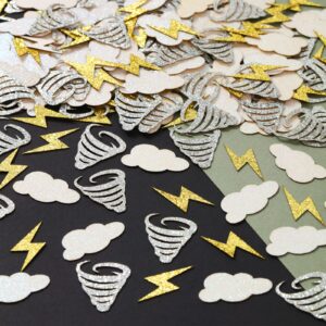 sursurprise tornado party decorations, tornado confetti glitter for table cloud lightning bolt paper scatter, twonado fournado storm weather birthday party supplies