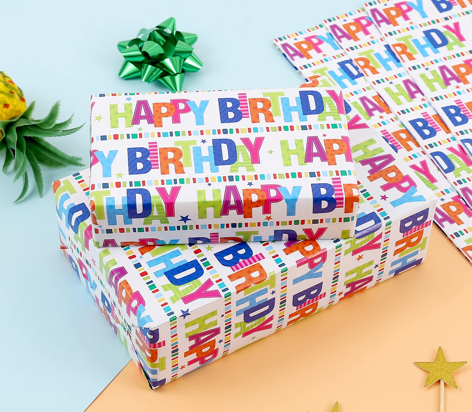 U'COVER Happy Birthday Wrapping Paper for Girls Kids Boys 3 Large Sheet with Cut Line Gift Wrapping Paper for Women Men Baby Shower Holiday Birthday Gift Wrap Paper Folded Flat 27 x 39.4inch