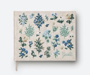 rifle paper co. wildwood embroidered fabric guest book | hard cover wrapped in book cloth & grosgrain ribbon bookmark, (lay-flat binding, 144 ruled pages with metallic gold ink, 8" l x 5.75" w)