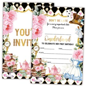 awsice floral tea party first birthday invitations, onederland fill-in invite cards for birthday party, 20 invitations with envelopes, decorations,party favor and supply-a26