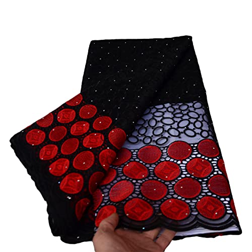 5 Yards African Lace Fabric 2023 Swiss Embroidery Lace Fabric with Stones Nigerian Women Wedding French Tulle Lace Material (Black&Red)