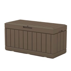 patiowell 82 gallon resin deck box, waterproof large wood look storage box for patio furniture, pool accessories, garden tools and sports equipment, lockable, brown