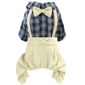 pet clothes dog shirts classic plaid striped overall jumpsuit, gentle puppy wedding birthday western onesies apparel, fashion daily outfit with bowtie for dogs and cats (medium, khaki)