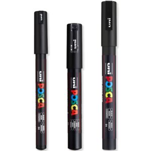 posca - ultra fine to fine paint marker pens set - pc-1mr, pc-1m, pc-3m - black ink - pack of 3