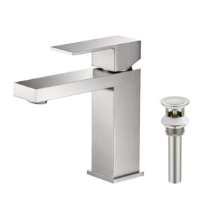 kibi f202 brushed nickel stainless steel bathroom sink faucet | single handle high arc faucet with pop up drain | for vanity & lavatory sinks | easy installation and durable construction