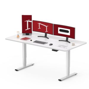 sanodesk standing desk with dual motor, 3-stage lifting column, handset with 3 preset and sit-stand reminder - 60 inch whole piece white desk/white frame, height adjustable desk for home and office