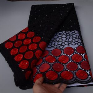 5 Yards African Lace Fabric 2023 Swiss Embroidery Lace Fabric with Stones Nigerian Women Wedding French Tulle Lace Material (Black&Red)