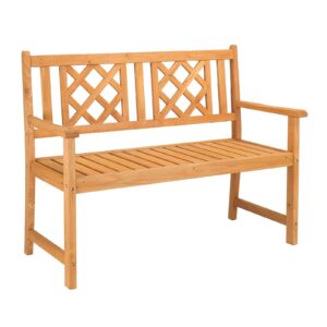 outvita wooden garden bench, outdoor wood patio bench, rustic two person loveseat chair w/armrest for porch poolside park backyard balcony, capacity 605lbs, grid backrest