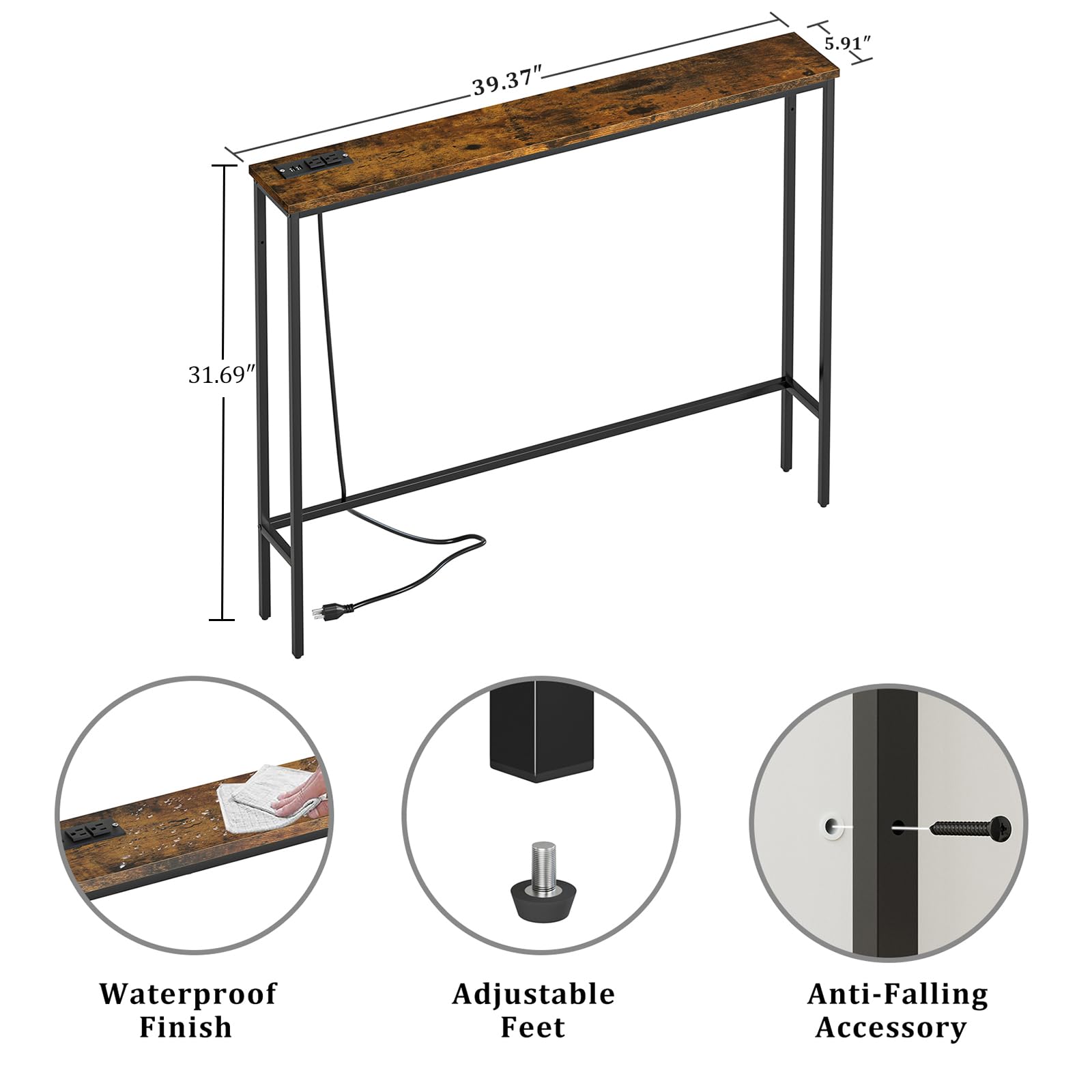 Masupu 5.9" Skinny Console Table with Power Outlet,Modern Narrow Sofa Table Behind Couch,Skinny Entry Table with Gold Metal Frame for Entryway,Living Room, Hallway,Marble White