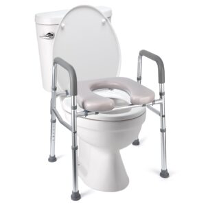 raised toilet seat, 350lb stand alone homecare commode bathroom assist frame for elderly, handicapped, disabled, adjustable height, padded seat