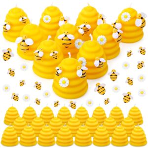 amyhill 96 pcs beeswax baby shower candles set includes 24 pcs beehive votive candles, 48 pcs little resin fake bees, 24 pcs white daisy flower bee themed gift for home shower party favors decor