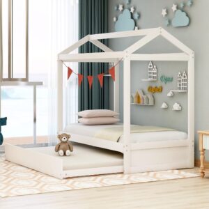 house bed with trundle, twin size house bed frame w/roof for kids boys girls teens,can be decorated,wood slat support/no box spring required,white