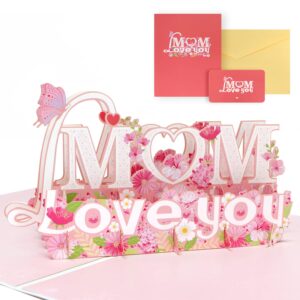 wholev “mom love you” pop up card, 6 x 8”, 3d double layer handcrafted greeting card for mothers day, birthday gift card with envelopes for mom wife grandma thanksgiving cards, greeting cards gifts