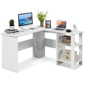 tangkula white l shaped desk with storage shelves, wooden corner computer desk, space-saving home office workstation, gaming desk, writing study desk, l shaped office desk