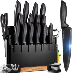 home hero kitchen knife set with sharpener - high carbon stainless steel knife block set with ergonomic handles (20 pcs - black)