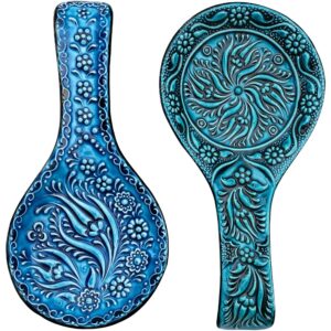 bcs spoon rest set of 2 - ceramic spoon holder for stovetop & kitchen counter - dishwasher safe handmade kitchen utensil (turquoise 4.5" w x 9" l)