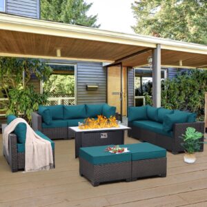 waroom outdoor patio furniture set 11 piece dark brown rattan sectional sofa pe wicker conversation chairs with 45" propane fire pit table and non-slip 5" thick peacock blue cushion