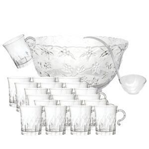 party essentials plastic punch set with ladle and drinkware, party serveware for cocktails, fruit punch, tea, and juices, clear, 12 qt bowl + 20 coffee cups (8 oz.)