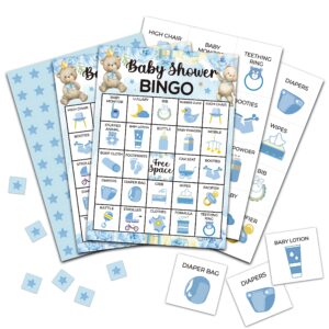 foosproea baby shower bingo games, gender neutral baby bingo cards for 24 players, bear balloons card game for family friends activities, watercolor blue baby shower party supplies decorations (04)