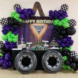 truck theme balloon garland kit with black green dark purple balloon large wheel theme birthday party baby shower decorations (black green purple)