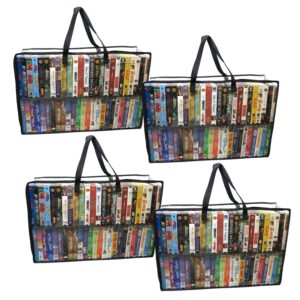 evelots 4 pack-vhs movie tape storage bag/case, clear pvc plastic-holds 200 total, strong handles-no dirt/moisture/dust