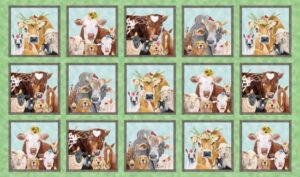 24" x 44" panel happy farm animals blocks cows sheep horses dogs llamas goats green cotton fabric panel (28000green)