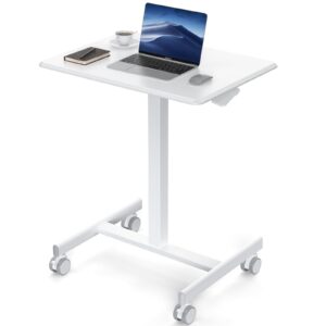 dumos standing height, mobile portable rolling laptop wheels small adjustable desk for home office, 19in, white