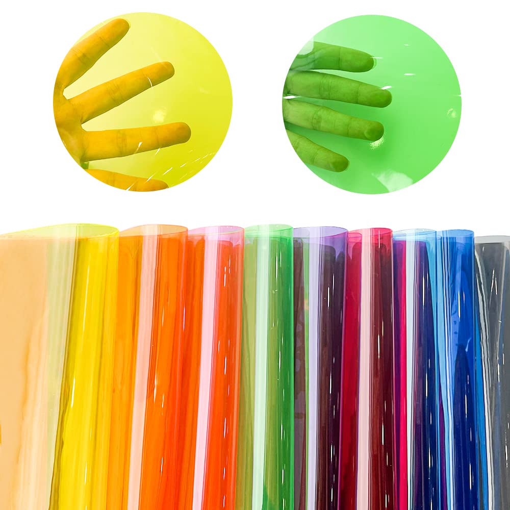 XHT 9 Pcs Clear PVC Vinyl, 21cmx30cm Fluorescent Solid Color Transparent Waterproof Film for Hair Bows Earrings Crafts