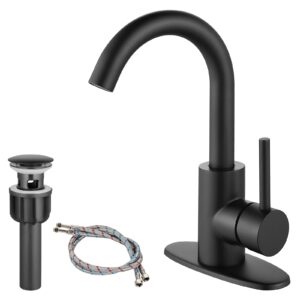 heyalan rv bathroom sink faucet,bar faucets single hole,rv kitchen restroom campers tap with deck plate & drain stainless steel 360 degree rotation spout,matte black,circular handle