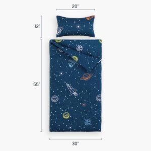 Wake In Cloud - Sleeping Bag Zippered, Nap Mat with Matching Pillow for Kids Boys Girls Sleepover Overnight Travel Slumber Bag, Rockets Stars Galaxy Space Planet on Navy Blue, 100% Soft Microfiber