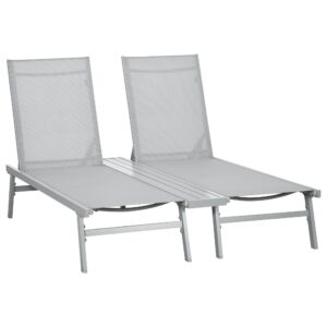 outsunny chaise lounge pool chairs set of 2, aluminum outdoor sun tanning chairs with five-position reclining back, shelf & breathable mesh for beach, yard, patio, light gray