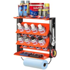 wallmaster spray can holder, lube can wall mount storage rack heavy duty paint bottle organizer for garage & home | 8 can holes & 2 shelf, orange