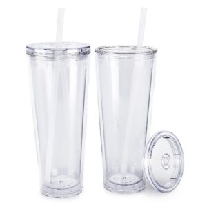 maars classic acrylic tumbler with lid and straw | 24oz premium insulated iced coffee cups, double wall reusable plastic cups - clear, 2 pack