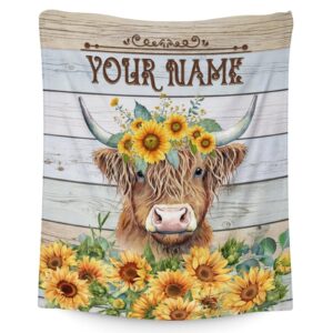 personalized blanket gifts for women girls - 60x50 inches cute highland cow throw blanket for kids teens adults - yellow soft flannel vintage blankets for bed couch travel