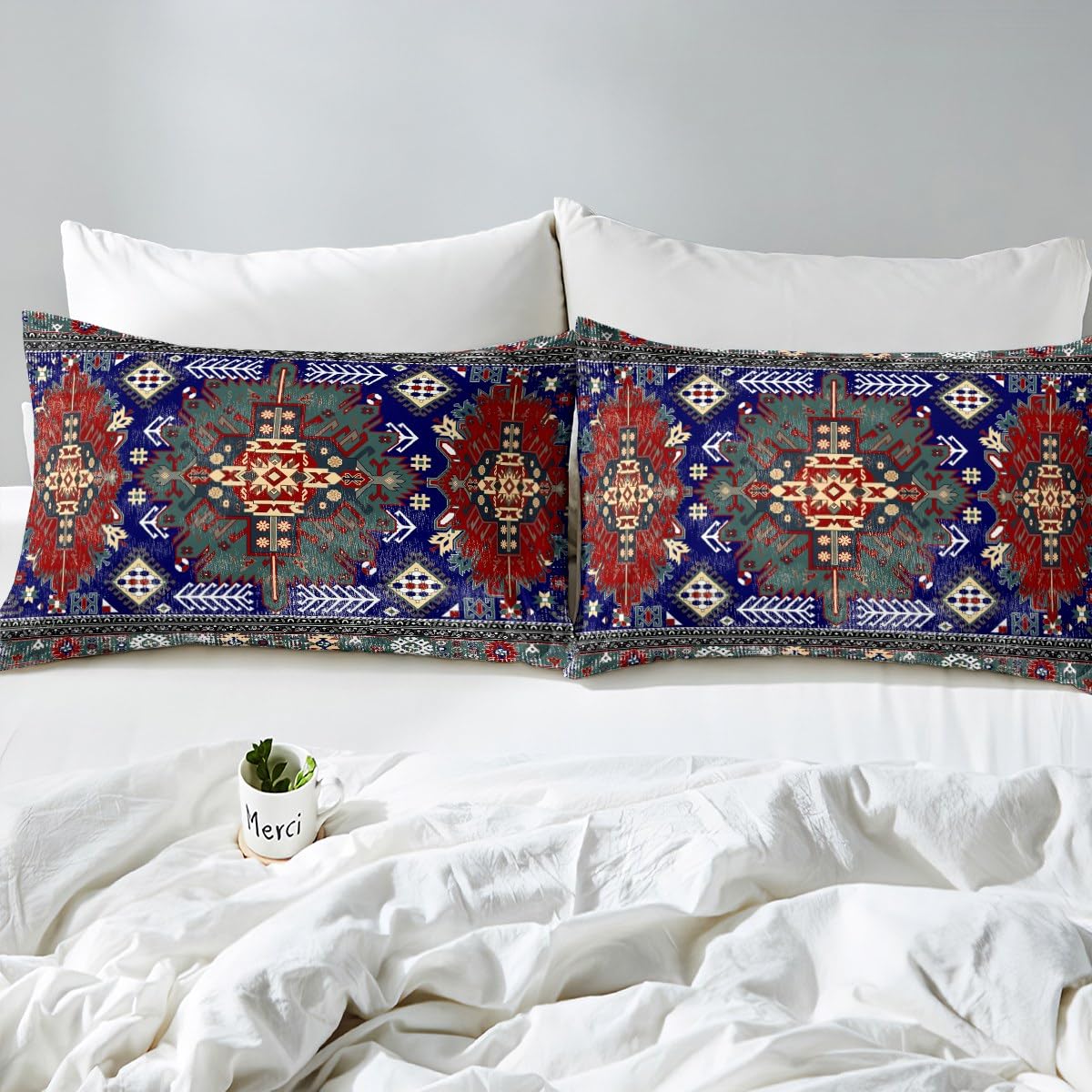 Erosebridal Boho Tribal Duvet Cover King, Retro Exotic Bedding Set, Vintage Lattice Arrows Bohemian Comforter Cover, Blue Green Red Antique Grid Damask Inspired Medallion Egyptian Quilt Cover