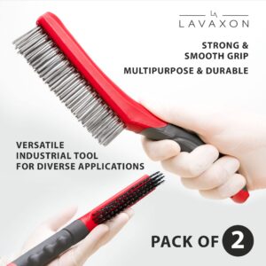 Lavaxon Wire Brush Set-Heavy Duty Stainless & Carbon Steel Bristles with Plastic Handle Grip for Rust, Wielding Slag, Dirt & Paint Scrubbing with Deep Cleaning – 10 Inches, Large (Pack of 2-Red)