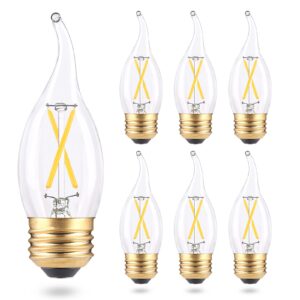 antique dimmable e26 led candelabra bulbs 25w equivalent, 2w ca10 flame tip led chandelier candle light bulbs, clear glass, 3000k soft white pandent lights wall sconces lamp, 200lm, 6 pack