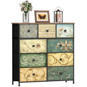 tohomeor dresser with drawers for bedroom chest of drawers fabric dresser for closet,nursery entryway hall tree tv stand for living room retro floral pattern drawers wooden top (9 drawers)