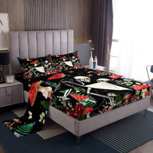 manfei mushroom kids sheet king size,sun moon starry sky romantic bedding set,boys girls adults room decor,butterfly skeleton flowers boho red trippy bed sheet set 4pcs(fitted + flat + 2 pillowcases)