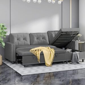 mjkone 3 seat l-shape sectional sofa couch with pull out bed and reversible storage chaise, modern 83 inch sleeper sofa with breathable velvet fabric and nailhead trim for living room, dark gray