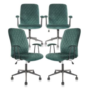 klasika dark green home office chair, vintage upholstered adjustable swivel arm chair with lumbar support wheels, mid-back leisure velvet vanity task chair 4 pack