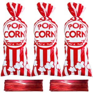 rainmae 150 pcs popcorn bags for party, carnival party treat bags set, 150 pcs cellophane candy bags stripe cookie snack bags with 150 twist ties for christmas circus party favor supply cupcake bags