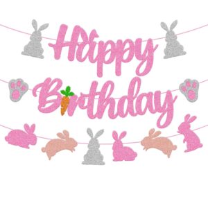 bunny birthday banner rabbit bday party decorations bunny paw ears carrot easter's day theme for kids boy girl baby shower party supplies (pink)