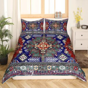 erosebridal boho tribal duvet cover king, retro exotic bedding set, vintage lattice arrows bohemian comforter cover, blue green red antique grid damask inspired medallion egyptian quilt cover