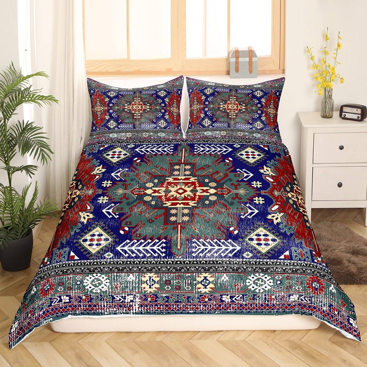 Erosebridal Boho Tribal Duvet Cover King, Retro Exotic Bedding Set, Vintage Lattice Arrows Bohemian Comforter Cover, Blue Green Red Antique Grid Damask Inspired Medallion Egyptian Quilt Cover