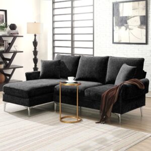 l-shaped sofa with chaise lounge, reversible sectional sofa couch with 2 pillows, upholstered couch for living room, bedroom, small space (black)