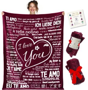 i love you blankets for her, with i love you in multiple languages, christmas blanket, gifts for her anniversary, i love you gifts for her,mom i love you gifts 65"x50" (sussy red)