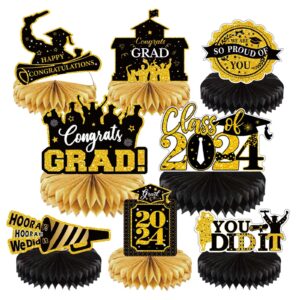 2024 graduation party decorations - black gold class of 2024 graduation party decor honeycomb centerpieces for tables congratulate for 2024 congrats grad party supplies 8 pcs