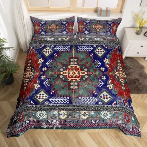 Erosebridal Boho Tribal Duvet Cover King, Retro Exotic Bedding Set, Vintage Lattice Arrows Bohemian Comforter Cover, Blue Green Red Antique Grid Damask Inspired Medallion Egyptian Quilt Cover