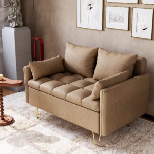 senfot sofa couch faux leather loveseat sofas with hand stitched comfortable cushion, modern design with gold metal legs and lift-up storage for living room in light brown